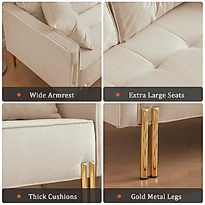 mikibama Modern Velvet Loveseat Sofa, 70" Luxury 3 Seater Couch with 2 Pillows, Comfy Upholstered Sofa Couches for Living Room, Bedroom, Apartment, Small Space(Beige)