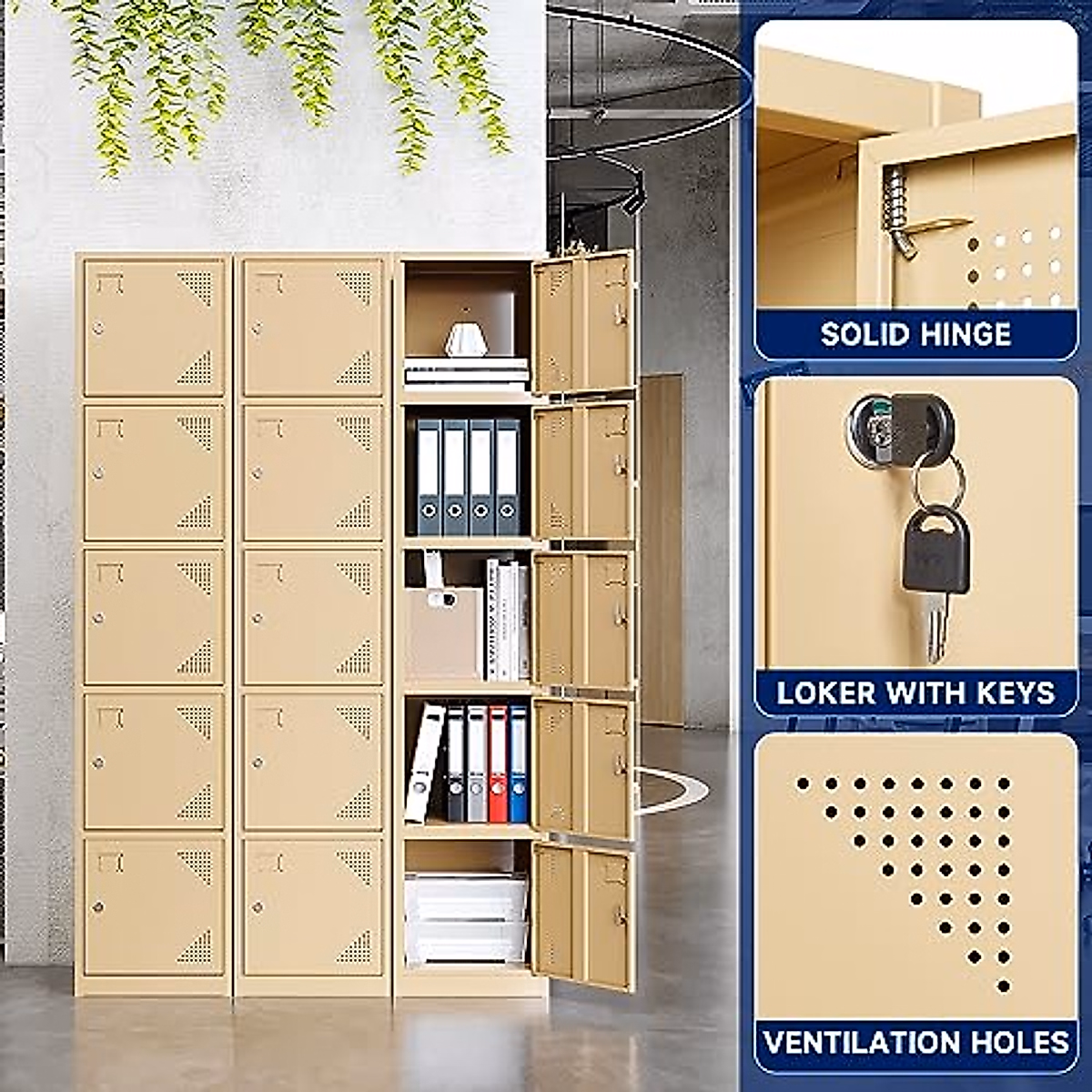 Yizosh Metal Locker with 5 Doors, Tall Steel Storage Lockers for Employees - 71" Locker Storage Cabinets for School, Gym, Home, Office, Garage (Camel)