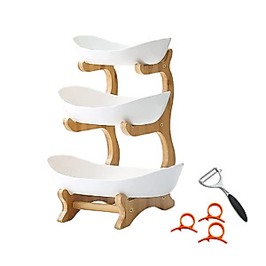 fghuim 3 Tier Ceramic Fruit Bowls with Bamboo Stand,Decorative Ceramic Friut Bowl with Bamboo Holder for Kitchen Counter White(Include 1 Y Stainless Steel Peeler,3 Oranger Finger Peelers)