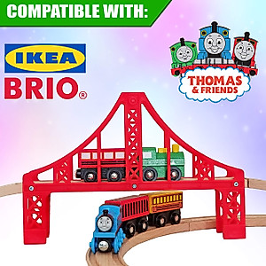 Double Suspension Bridge 12 - Wooden Toy Accessories for Kids Toddler Boys Girls - Compatible with Thomas Trains Railway, Brio Tracks, and Major Brands. 2X Red Bridges