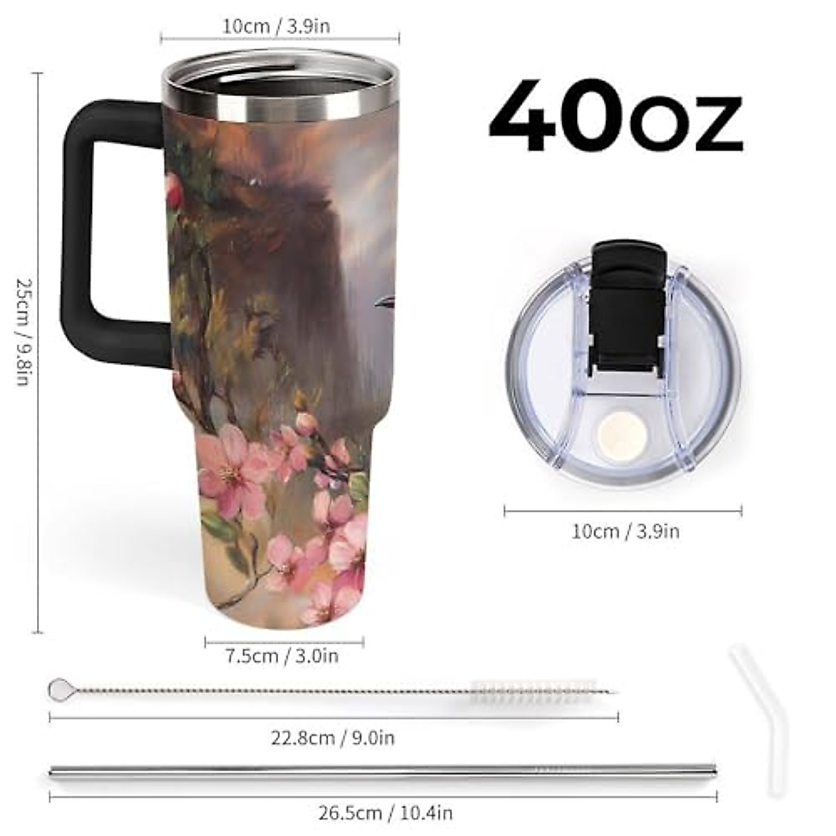 Oil Painting Bird And Flowers 40oz Water Bottle Double Wall Insulated Tumbler with Handle Leakproof Travel Mug Black-style