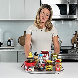 Axiom Creations Space Organizer Tray - Rectangular Rotating Lazy Susan for Refrigerator, Pantry, Kitchen Cabinets - Clear, Zero BPA Turntable Caddy for Bottles, Cans, Food - 16" x 12" x 1.25"