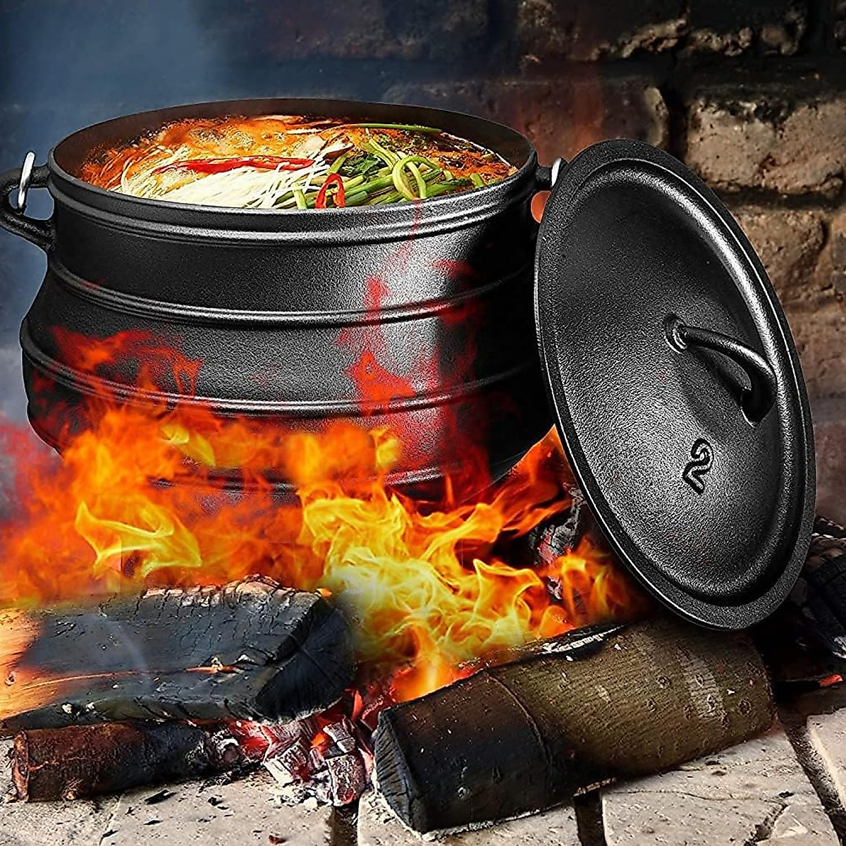 Bruntmor Pre-Seasoned Cast Iron Cauldron - 6 Quart African Potjie Pot with Lid - 3-Legged Dutch Oven for Camping and Over-the-Fire Cooking - Durable Outdoor Cookware for Stews, Chili, and Slow Cooking