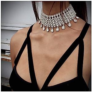 Joygulls Sexy Shining Crystal Full Rhinestone Choker Necklace Water Drop Pendant Necklace Statement Necklaces Wide Collar Necklaces for Lady Party Jewelry (Silver)