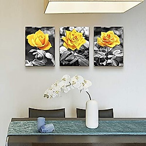 Canvas Wall Art For Bedroom Living Room Bathroom Wall Decor For Kitchen Family Pictures Artwork Black And White Yellow Rose Flowers Paintings 12" X 16" 3 Pieces Framed Modern Office Home Decorations