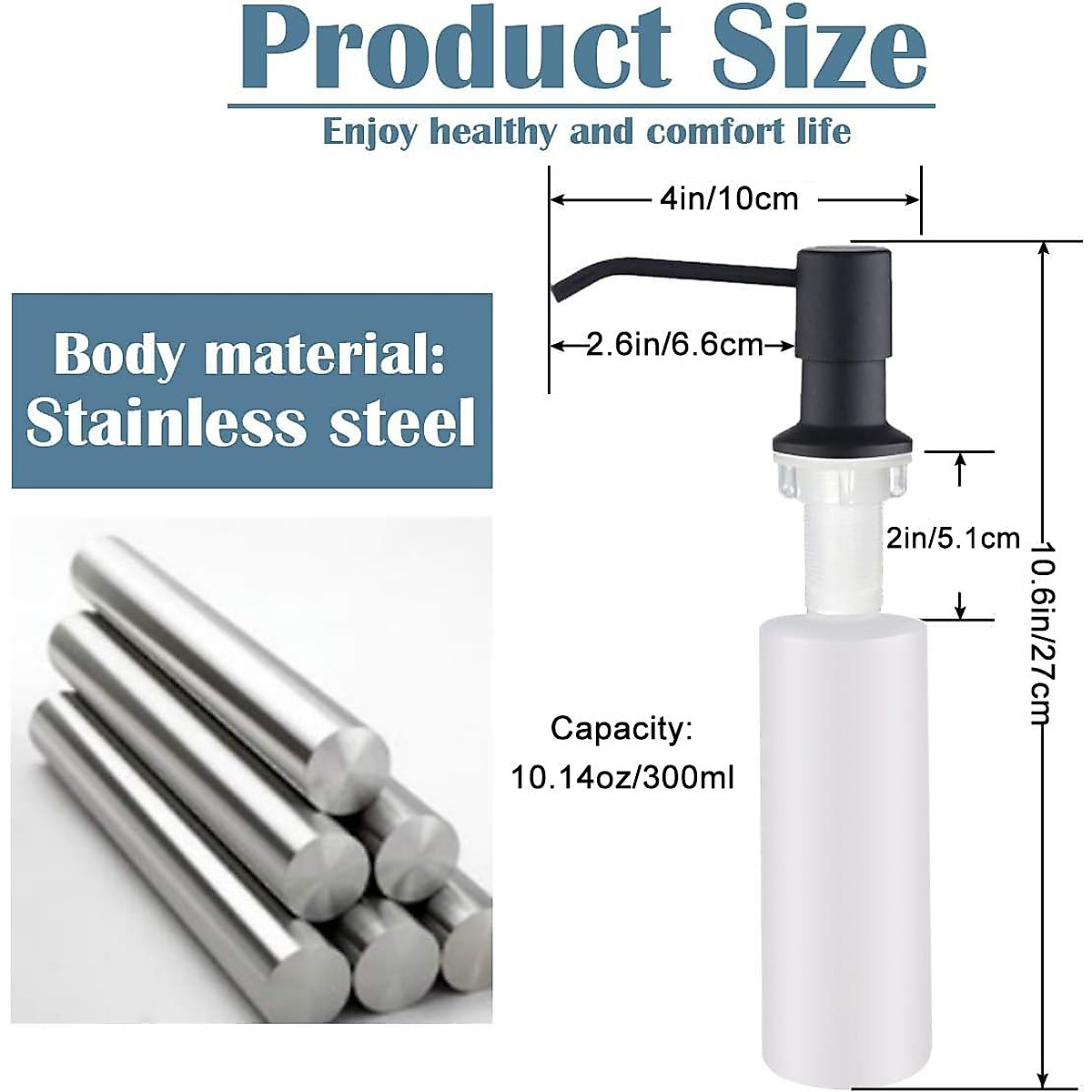 Soap Dispenser for Kitchen Sink (Matte Black), Built in Design Sink Soap Dispenser, Refill from The Top,Stainless Steel Kitchen Soap Pump with 10 fl.oz Bottle (300ml)