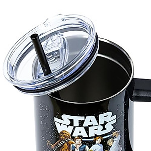 Silver Buffalo Star Wars Featuring Chewbacca, Yoda, R2-D2, C-3PO, Princess Leia, Han Solo, and Luke Skywalker Stainless Steel Tumbler with Handle and Straw, Fits in Standard Cup Holder, 40 Ounces