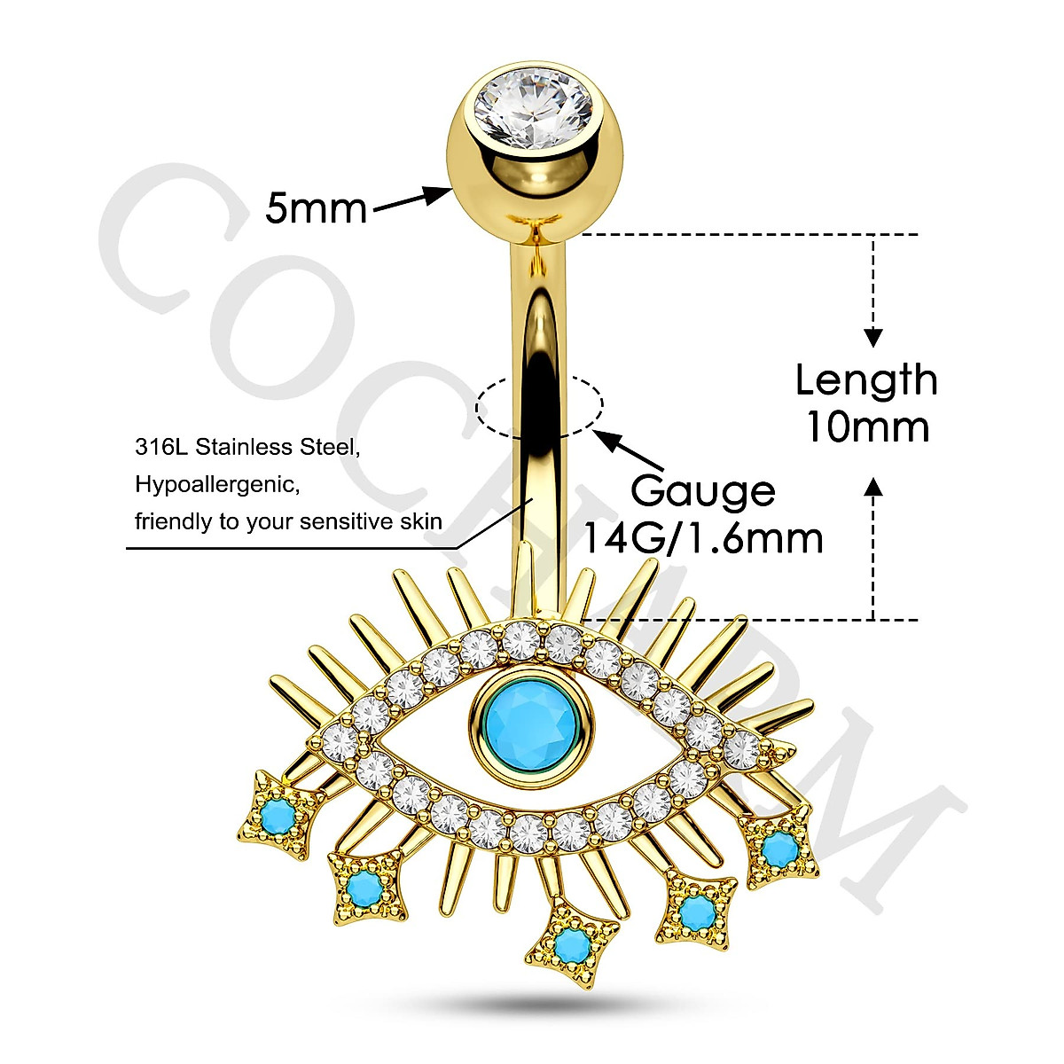 COCHARM Evil Eye Belly Button Ring Gold 14 Gauge Belly Button Rings 10MM Belly Rings for Women