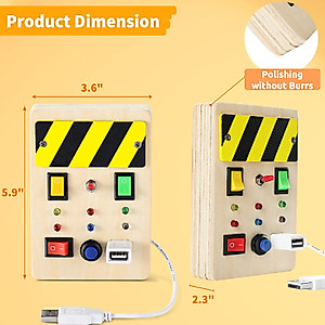 ToyoFun Busy Board with Light Switch & Push Buttons, Wooden Led Busy Boards with 6 Modes Light Switch and Upgraded USB Pluggable Wires for 1-3 Years Toddlers Sensory Toy