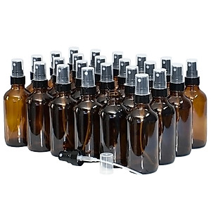 GlassBottleOutlet (Pack of 24) 4 oz. Amber Boston Round with Black Fine-Mist Sprayer
