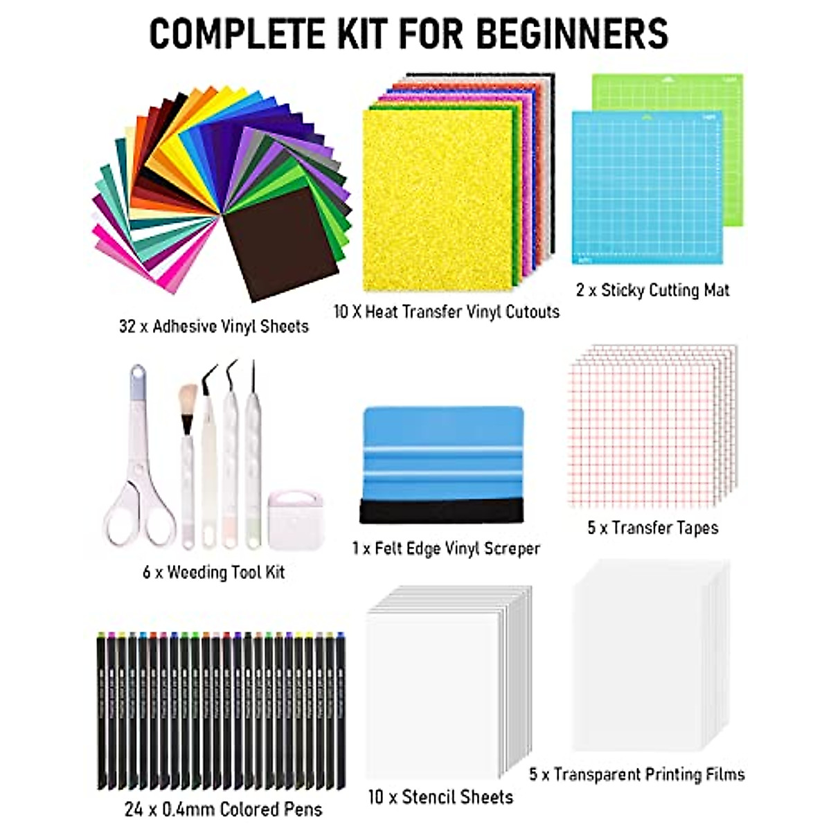 Nicpro 100 PCS Accessories Bundle for Cricut Machine Maker Cricut Tool kit with (12x12") 10 Heat Transfer Vinyl, 32 Adhesive Vinyl Sheets, Weeding Tools, 2 Cutting Mats, 24 Colored Pen for Beginner