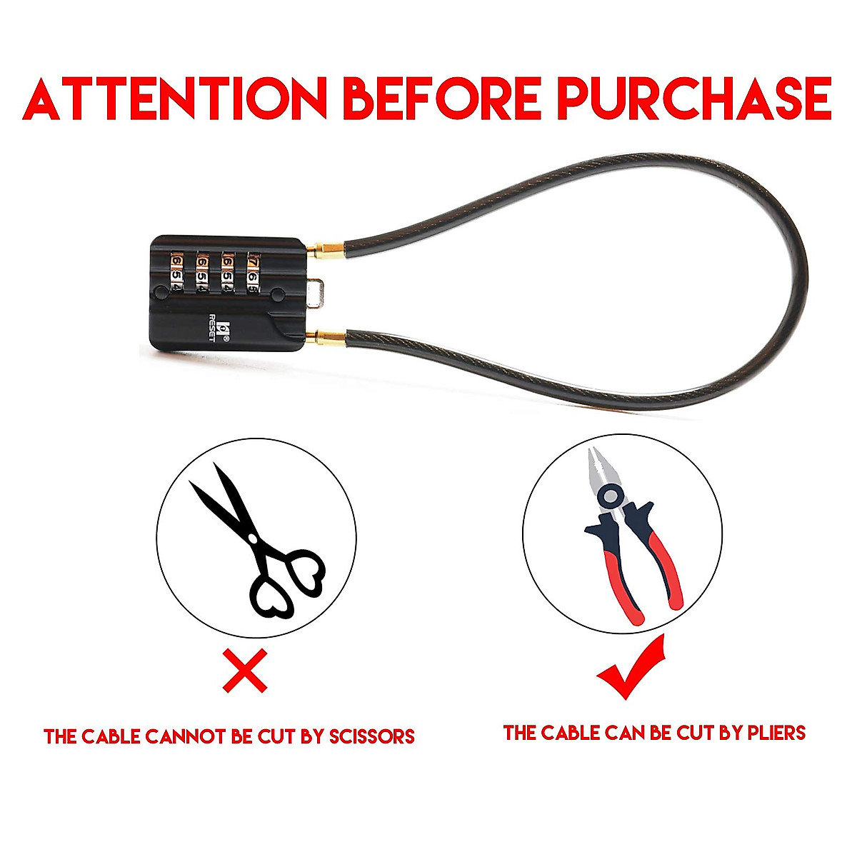 RESET-201 4 Digit Combination Padlock with 12 inch(30cm) Steel Cable,Cable Lock for Locker Luggage Suitcase Gun Case Toolbox Helmet,5mm Diameter,Black