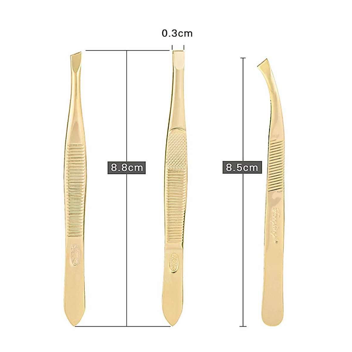 Tvoip 3Pcs Eyebrow Tweezer Golden Stainless Steel Slant/Flat Tip Curved Forceps Hair Removal Cosmetic Makeup Tool Kit Face Trimmer