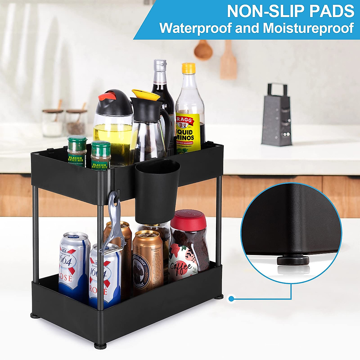 Spurtar 2 Pack Under Sink Organizers and Storage, 2 Tier Bathroom Under Cabinet Storage Multi-purpose Under Sink Storage Rack Bath Collection Baskets for Kitchen with 2 Cups and 12 Hooks, Black