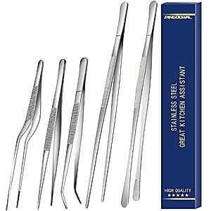 5 Pcs Kitchen Fine Tweezer Tongs, Stainless Steel Food Tweezers Set, Professional Kitchen Long Tweezer for Cooking,Repairing,Sea food,BBQ,Multi-use(12"and 6.3")
