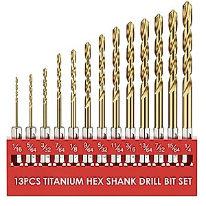 MACXCOIP Hex Shank Drill Bit Set, 13Pcs HSS Titanium Twist Drill Bit for Sheet Metal, Wood, Plastic, Quick Change Design (1/16" - 1/4")