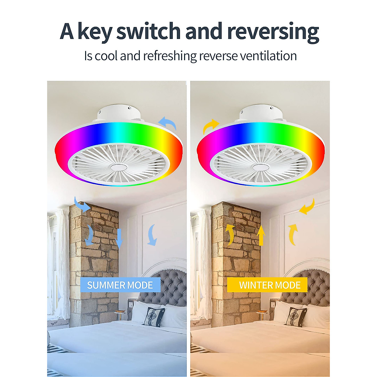 Bluetooth Ceiling Fan with Light and Speaker LED Color Enclosed Bladeless Low Profile Ceiling Fan With Light and Remote Control , Modern White Flush Mount RGB Ceiling Fan for Bedroom Dining Kids Room