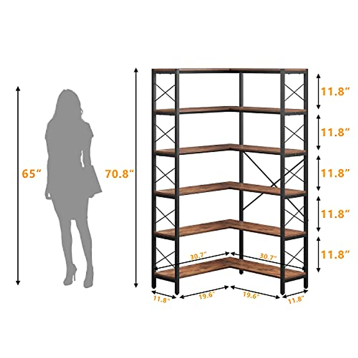 Wildhome 6-Shelf Corner Bookshelf, Vintage Industrial Corner Bookshelf Etagere Bookcase, Large Book Shelf with Metal Frame Open Storage Corner Cabinet for Living Room Home Office（Retro Brown）