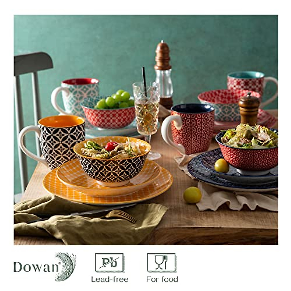 DOWAN Ceramic Dinnerware Sets, 16 Pieces Dish Set for 4, Decorative Plates and Bowls Sets, Porcelain Dinner Salad Plates, Mugs and Soup Bowls Set for Kitchen, Housewarming Gift
