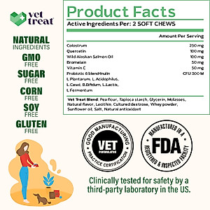 Vet Treat - Dog Allergy Relief Chews -Made in USA- Probiotics & Salmon Oil - Itch Relief, Hot Spots, Dry Skin, Seasonal Allergy - Anti Itch Skin & Coat Supplement for Dogs - 120 Soft Treats (Chicken)