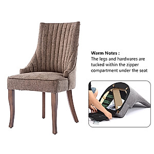 mikibama Linen Dining Chairs Set of 2 Channel Tufted Kitchen Dinner Chair Comfy Fabric Upholstered Accent Chair for Dining Room with Solid Wood Legs (Brown)