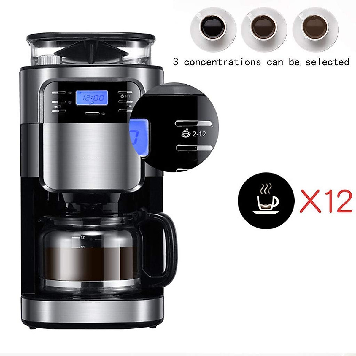 ROLTIN Coffee Machine Coffee Maker 15-Cup Coffee Makers with Timer Mode And Auto-Off Function Grind Coffee Machine with Removable Filter Basket Stainless Steel Black