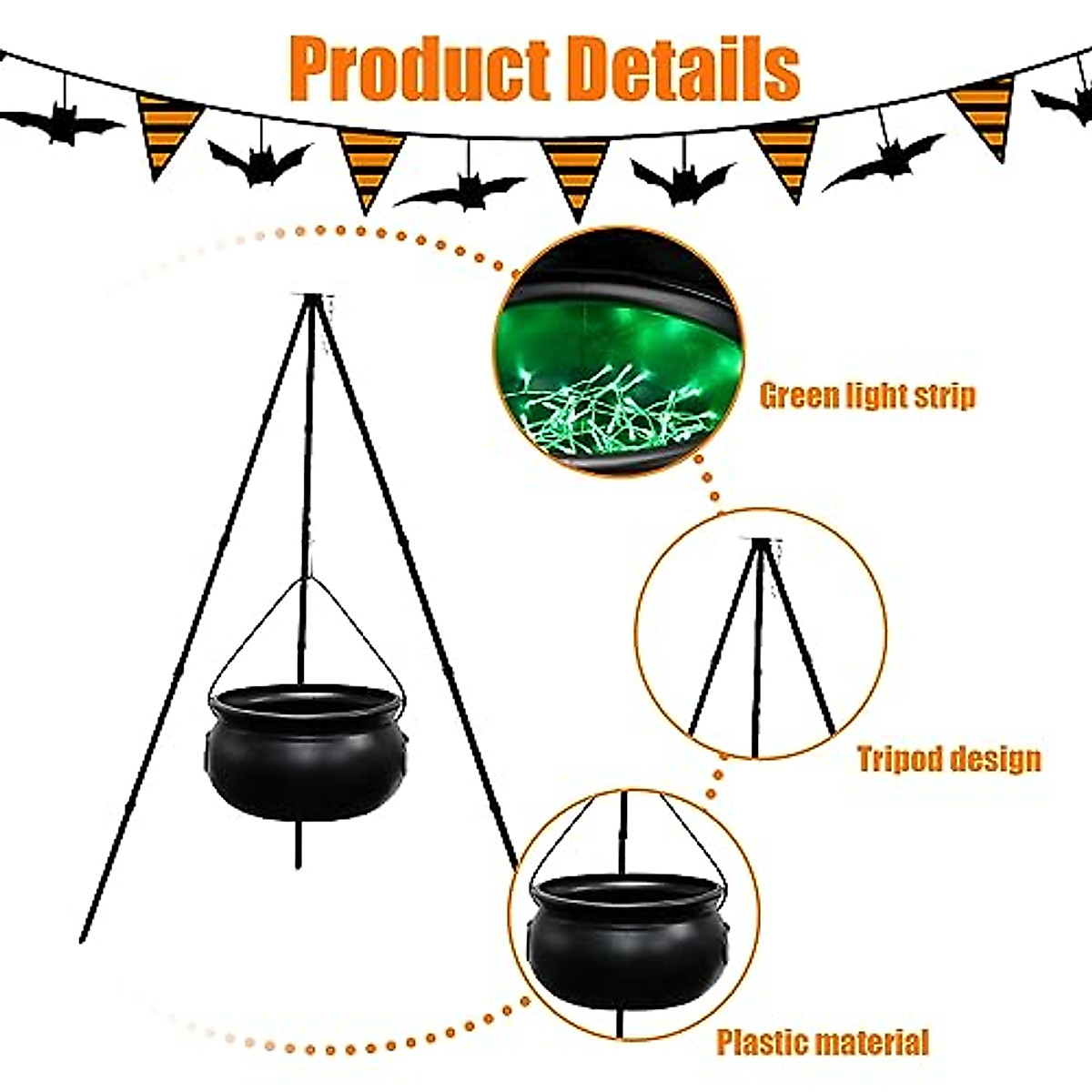 Witches Cauldron Large Halloween Cauldron on Tripod with Lights Cauldron Halloween Decor Black Witch Cauldron for Outdoor Halloween Yard Decorations
