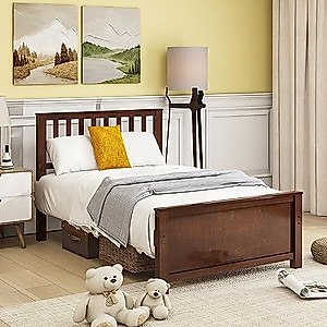 Merax Twin Size Platform Bed, Wood Twin Bed Frame with Headboard, Footboard and Wood Slat Support, No Box Spring Needed, Walnut