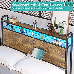 DICTAC Queen Bed Frame with Storage Headboard and Charging Station Led Bed Frame Queen Size with Headboard Storage,Metal Platform Bed Frame with LED Lights,No Box Spring Needed,Rustic Brown