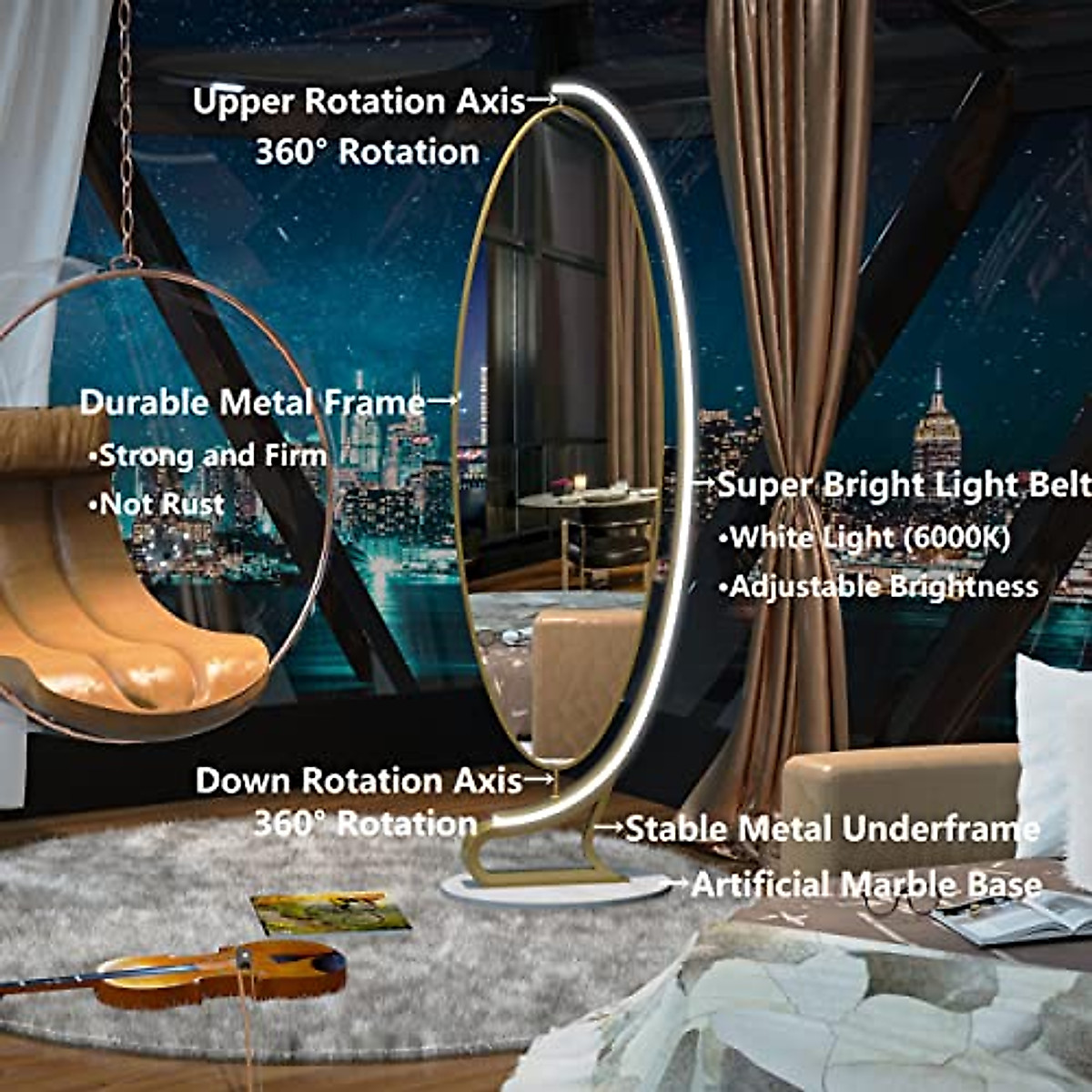 ANYHI 73 x 23 Inch Standing LED Mirror Full Length, Full Length Mirror with Lights, 360°Swivel Large Full Body Mirror with Lights, Lighted Free Standing Up Floor Mirror Full Length (Gold)
