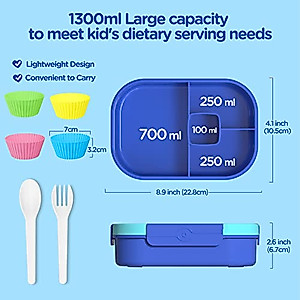 Jelife Lunch Box Kids Bento Box - 1300ML Ideal Leak Proof Bento Lunch Box for Kids School Lunchbox for Teens Toddlers Boys, Lunch Box Snack Containers with Utensil, Food Fork Picks & Cake Cups, Blue