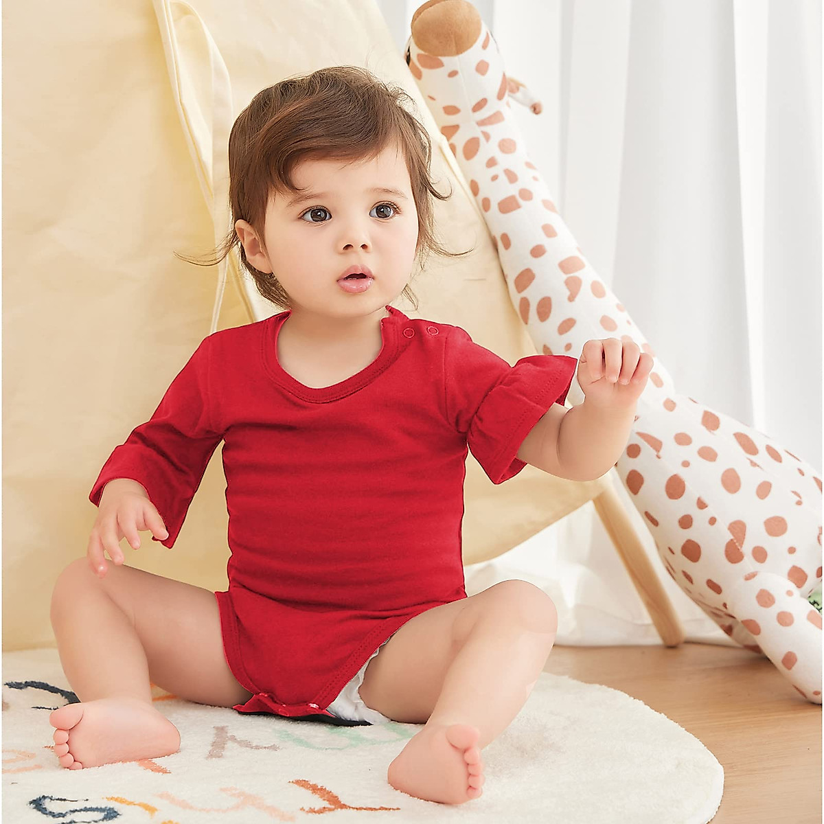 DEFAHN Baby Girl Bell Sleeve Bodysuit Red Onsies Cotton Ruffle Romper Infant Clothes Outfit 0-24 Months (Red, 0-3 Months)