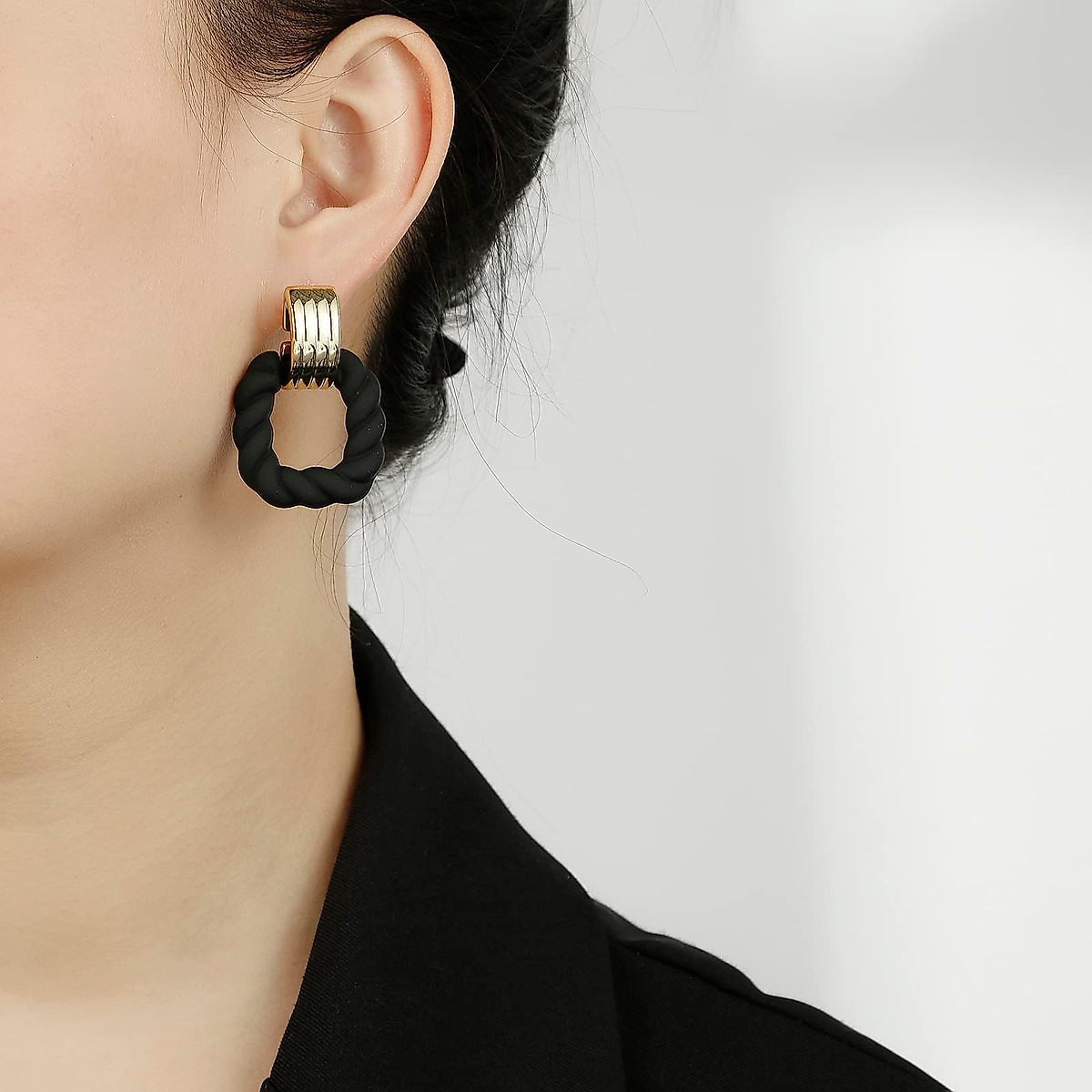 RUOFFETA Rectangle Earrings for Women, Acrylic Square Earrings Twisted Geometric Statement Earrings(Black Gold)