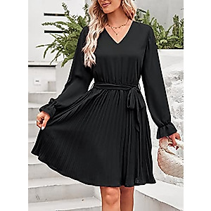 PRETTYGARDEN Women's Casual Fall Dresses Long Puff Sleeve V Neck Pleated Ruffle Flowy Belted Dress (Black,X-Large)