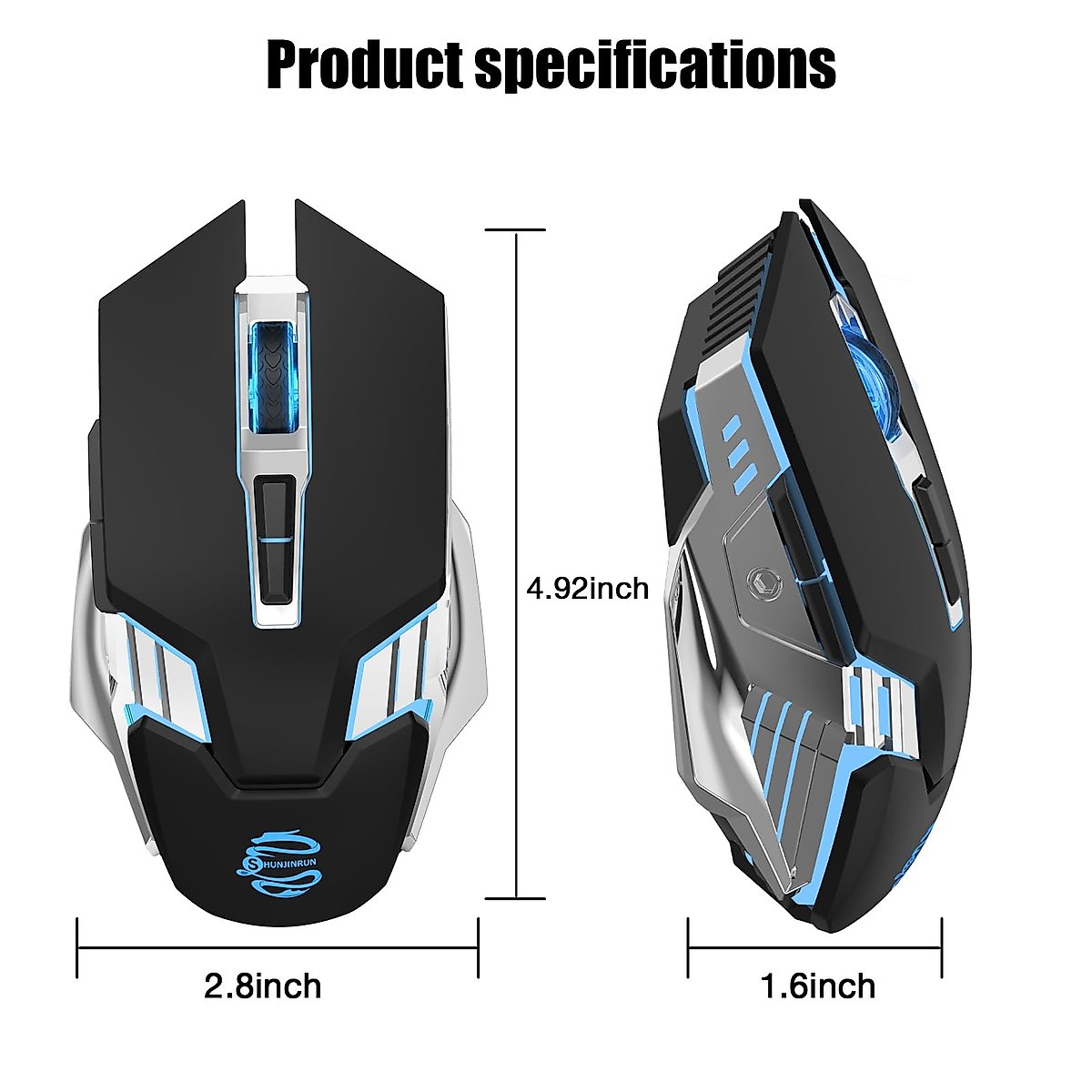 Bluetooth Mouse Rechargeable, Wireless Gaming Mouse Multi Device(BT5.0/3.0+2.4G) with Side Buttons, USB Receiver, RGB Backlit, Cordless Computer Mice for Laptop, Windows PC Mac Tablet(Black-Mute)