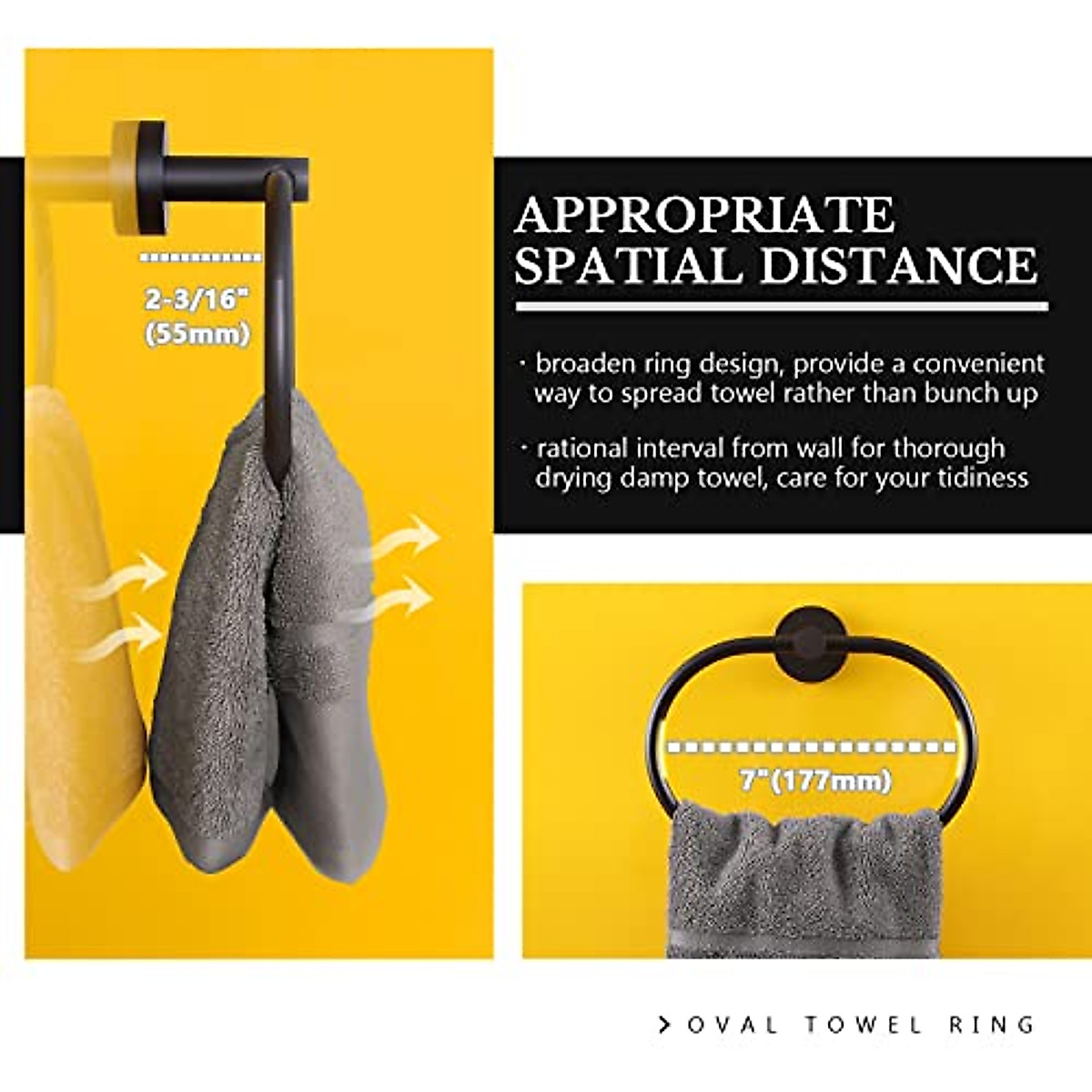 Matte Black Towel Ring, APLusee Stainless Steel Swivel Hand Towel Holder, Modern Kitchen Bathroom Accessories Home Drying Storage Rail Space Saver