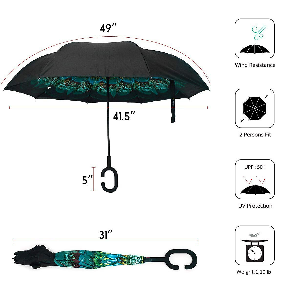 Parquet Peacock Double Layer Inverted Umbrellas - C Shaped Handle Reverse Folding Windproof Umbrella for Men and Women