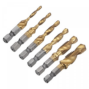 uxcell Combination Drill and Tap Bit Set, M3 M4 M5 M6 M8 M10 Titanium Coated High Speed Steel 4341 Spiral Flute Drilling Tapping Tool 1/4" Hex Shank 6pcs