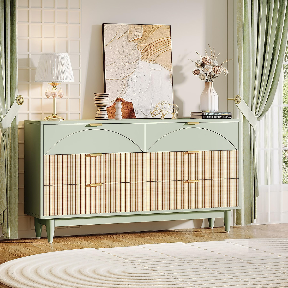 Tribesigns 6-Drawer Dresser for Bedroom: 55 Inches Modern Chest of Drawers with Gold Metal Handles, Green Long Double Dresser Organizer Wood Cabinet for Bedroom, Closet, Living Room