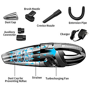 SZFY Handheld Vacuum Cordless Portable Wet Dry Vacuum Cleaner for Car Home Pet Hair with Filter Rechargeable 2200mAh Lithium Battery 120W 4500PA Powerful Suction (Black)