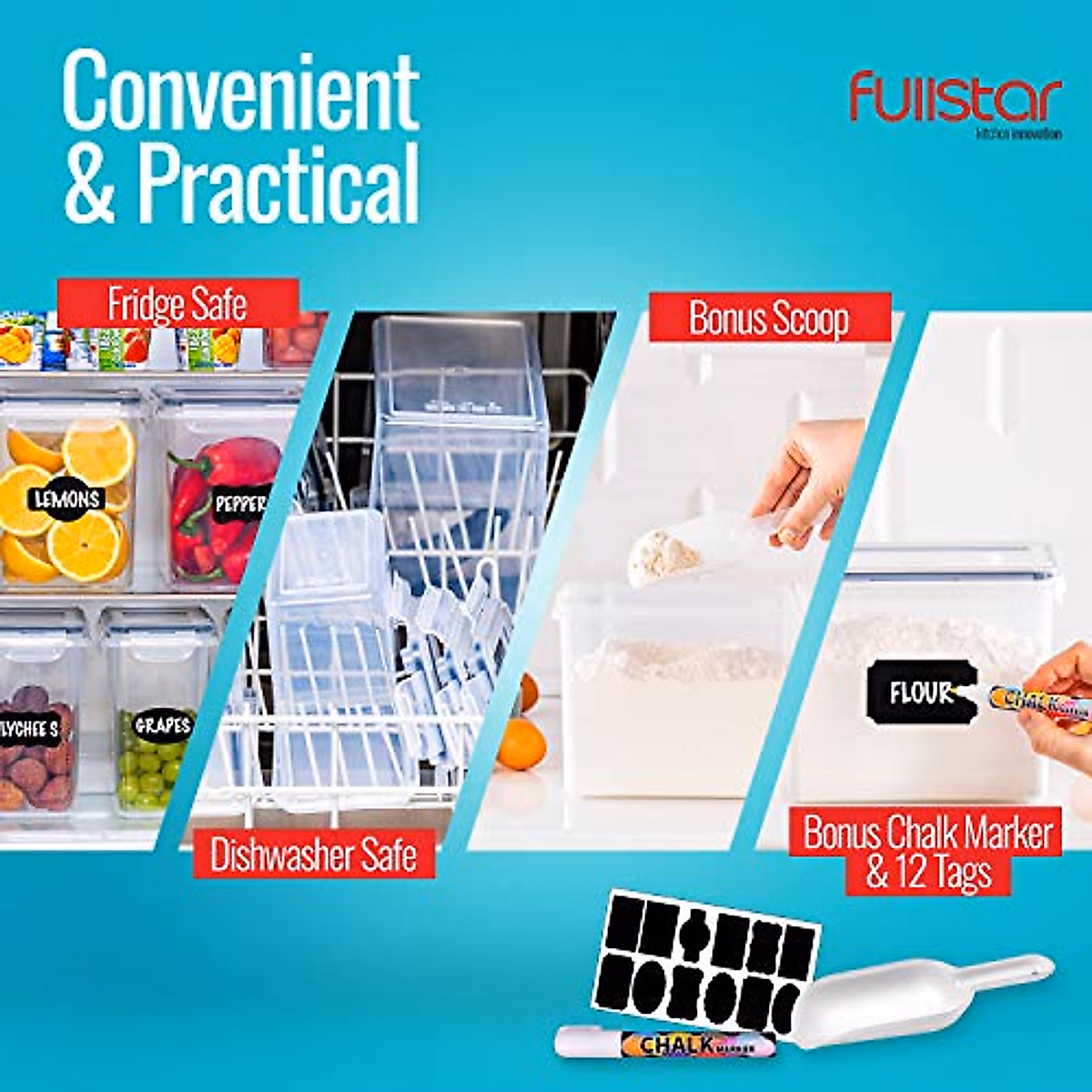 fullstar Food Storage Bins with Lids, Airtight food storage containers for Kitchen & Pantry organization. Includes Marker, Pen & Scoop (6 Pack)