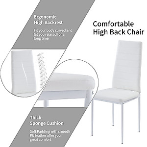 ROZHOME Dining Table Set for 4, 5 Piece Kitchen Table and Chairs with Clear Tempered Glass Table Top and 4 Leather Metal Frame Chairs (Clear/Silver+White, Middle)