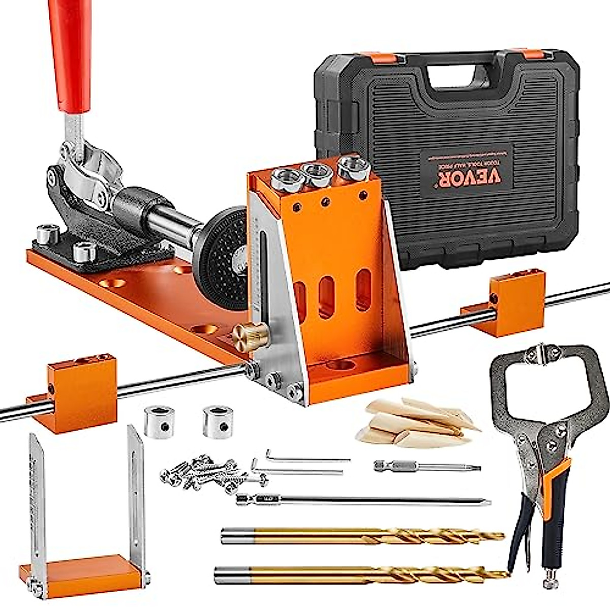 VEVOR 34 Pcs Pocket Hole Jig Kit, Adjustable Versatile Pocket Hole Jig with Toolbox,11" C-clamp, Fixture, Step Drills, Wrenches, Drill Stop Rings, Square Drive Bits-Gifts for Him