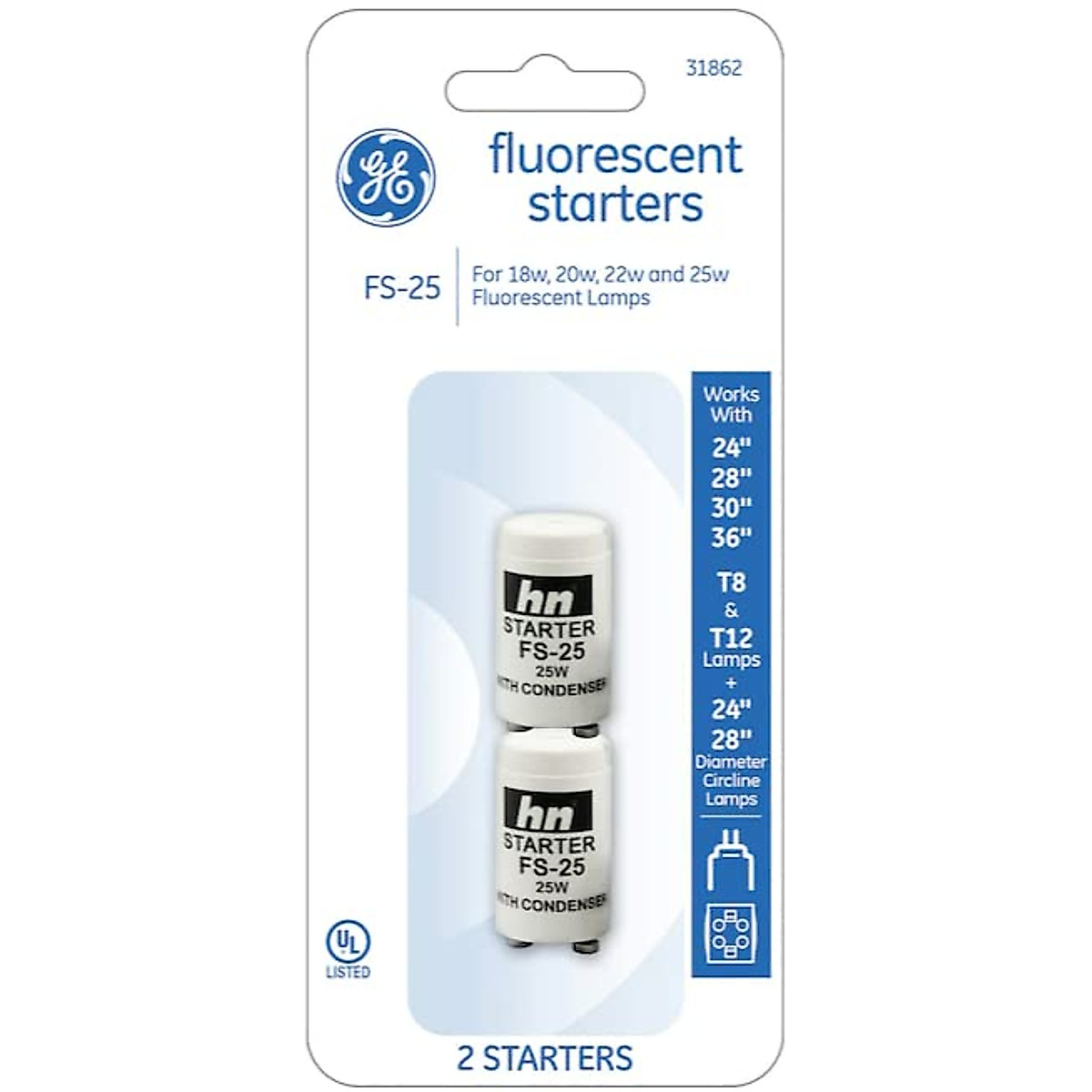 GE FS-25 Fluorescent Starters for 18W, 20W, 22W & 25W Lamps, 2-Pack
