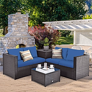 Toolsempire 4-Piece Patio Furniture Set, Navy Blue Rattan, Outdoor Sectional Sofa with Storage Box & Tempered Glass Tabletop, Furniture for Garden, Backyard, Poolside