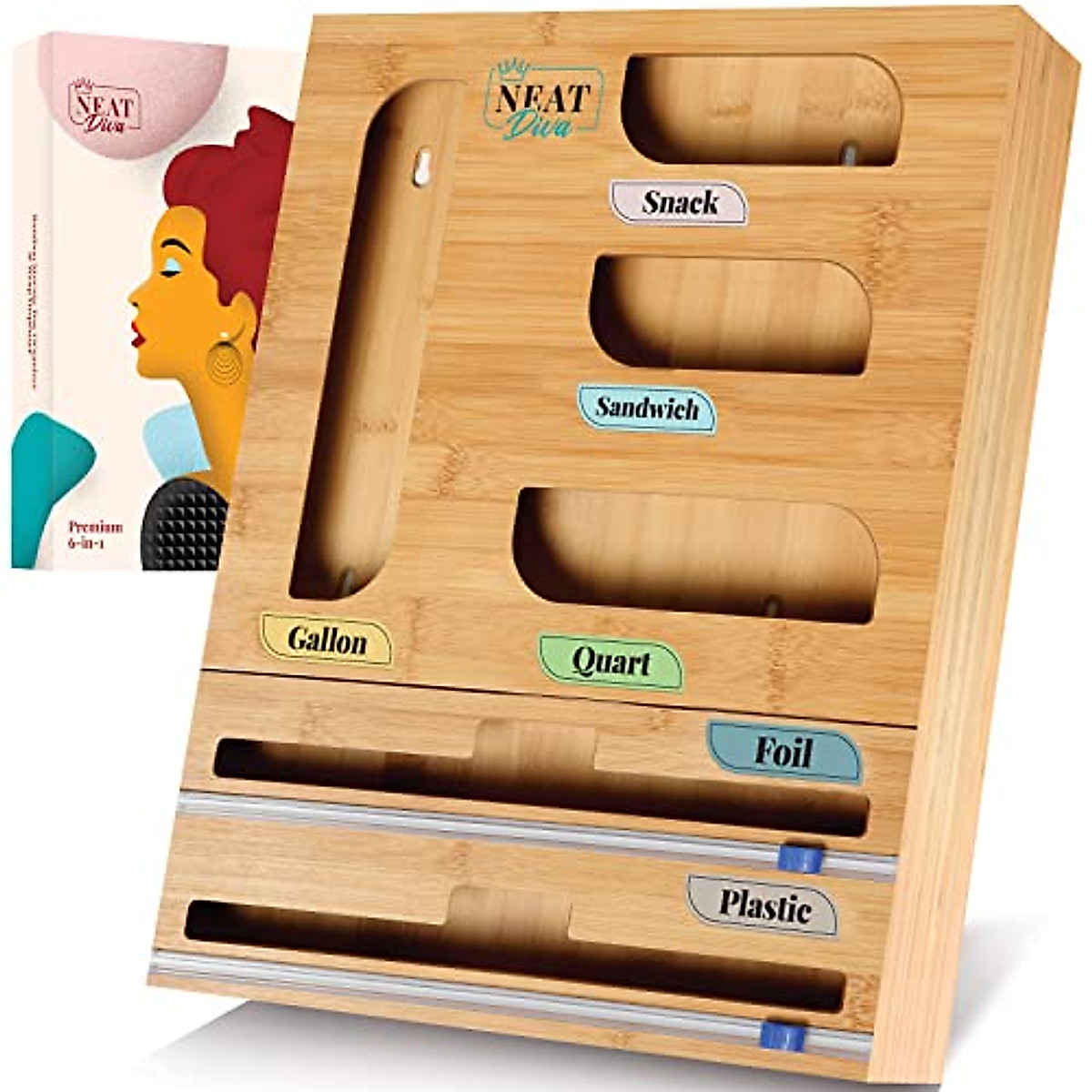 Neat Diva 6-in-1 Ziplock Bag Organizer for Drawer, Kitchen Drawer Organizer for Bags, Bamboo Foil and Plastic Wrap Organizer, Kitchen Organizer Foil Plastic Wrap, Kitchen Gadgets Best Sellers 2022