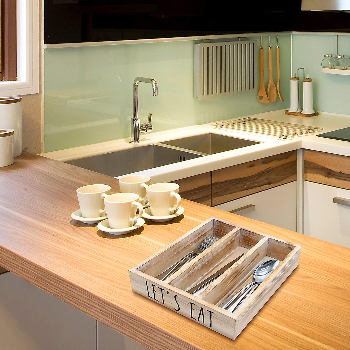 Karisky Kitchen Drawer Organizer Fir Wood Cutlery Silverware Tray Organizer with 3 Compartments, Decorative Utensil Holder for Flatware, Knives, Forks, Spoons