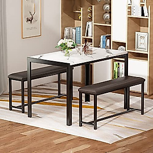 AWQM Dining Table Set 4, Metal Frame and Faux Marble Table Top, Modern 3 Piece Kitchen Table Set with 2 PU Leather Upholstered Bench for Apartment, Space-Saving Furniture, White