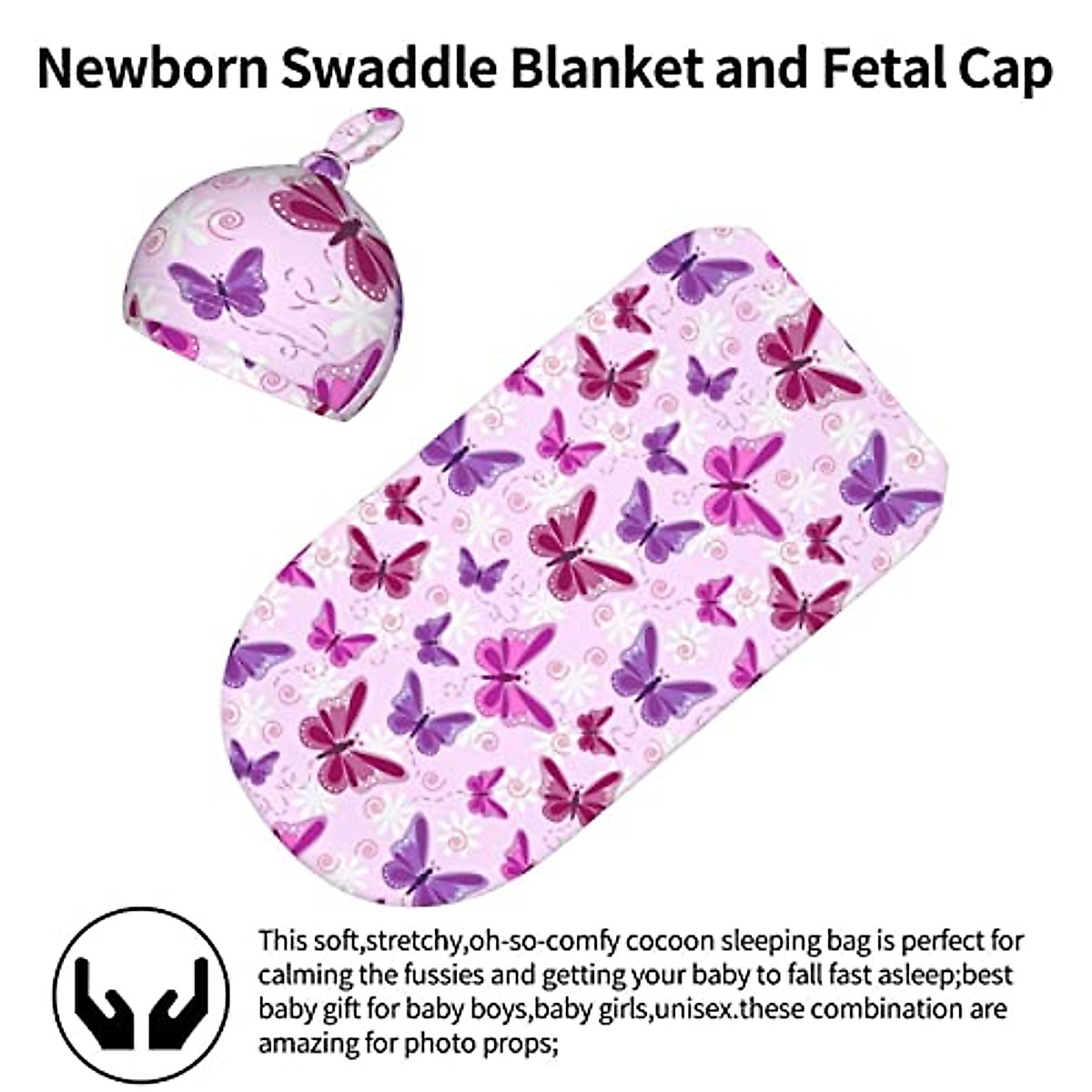 Pink Butterfly Butterflies Newborn Swaddle Blanket Baby Receiving Blankets Infant Sleep Sack Wrap Soft Stretchy Muslin with Beanie Hat for Baby Shower Boy Girl Gifts