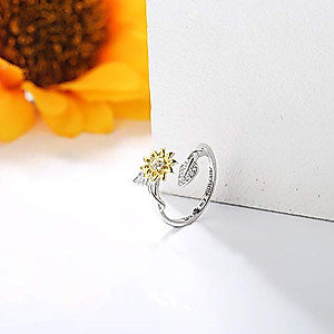 MILACOLATO Sunflower Ring Sterling Silver You are My Sunshine Ring 18K Gold Plated Adjustable Sunflower Band Rings for Women Valentine's Day Mother's Day Jewelry Gifts for Her, Size 7